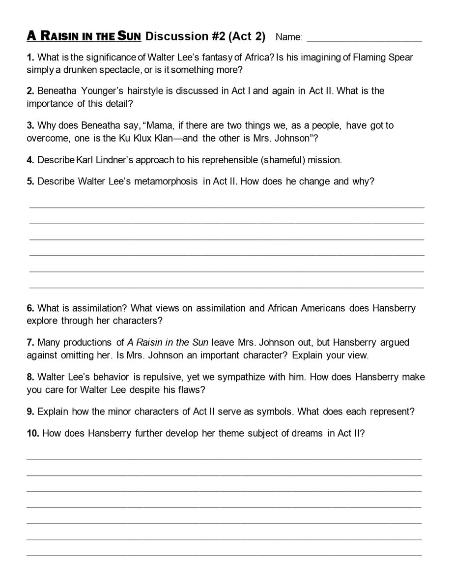 A RAISIN IN THE SUN Discussion Questions - TeachNovels.com