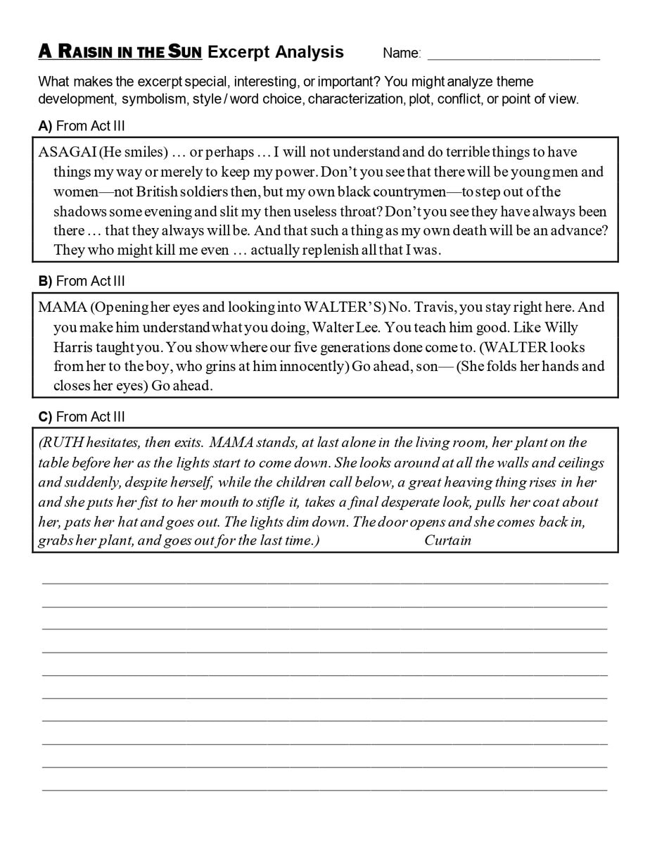 A RAISIN IN THE SUN Discussion Questions - TeachNovels.com