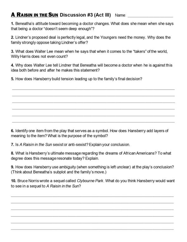 A RAISIN IN THE SUN Discussion Questions - TeachNovels.com